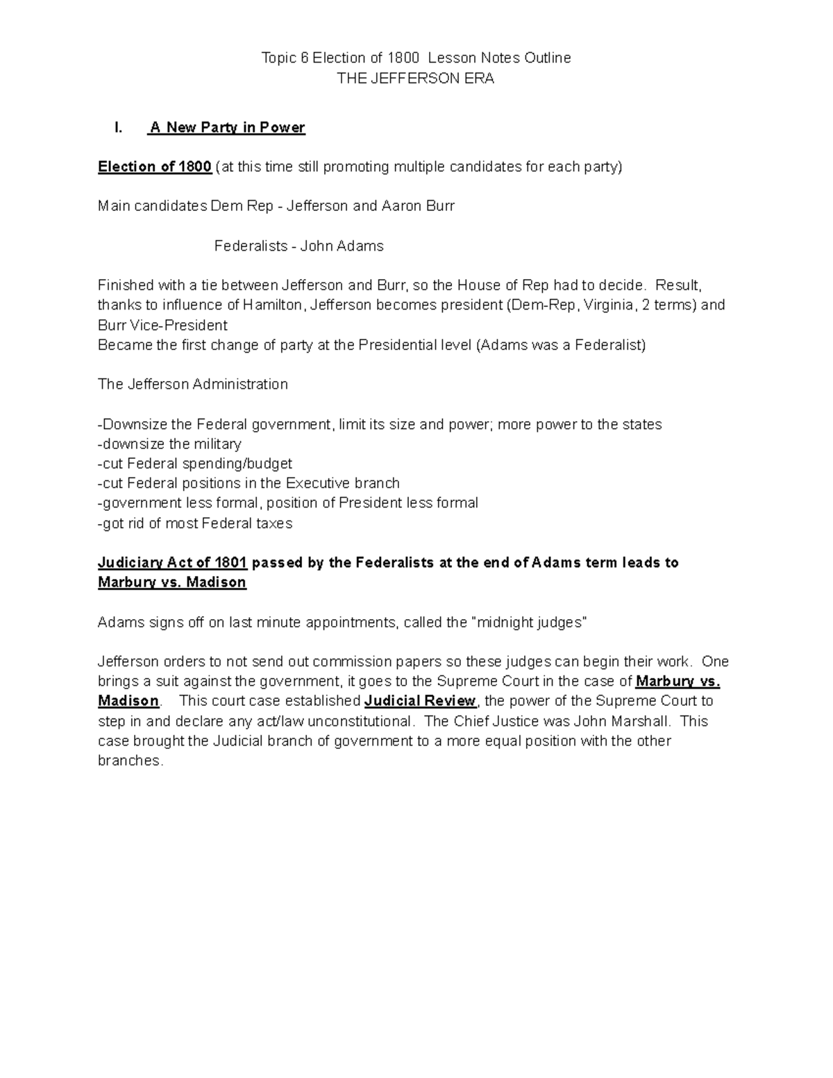Topic 6: Election of 1800 - Lesson Notes on the Jefferson Era - Topic 6 ...