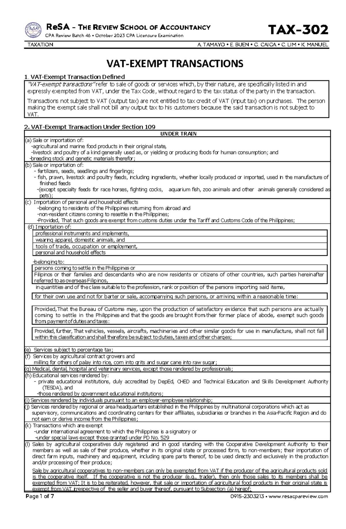 ReSA CPA Review Batch 46: VAT Exempt Transactions Overview - Studocu