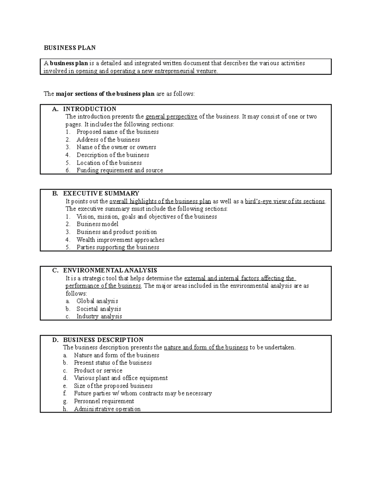 BUSINESS PLAN - Lecture Notes Overview and Key Sections - Studocu