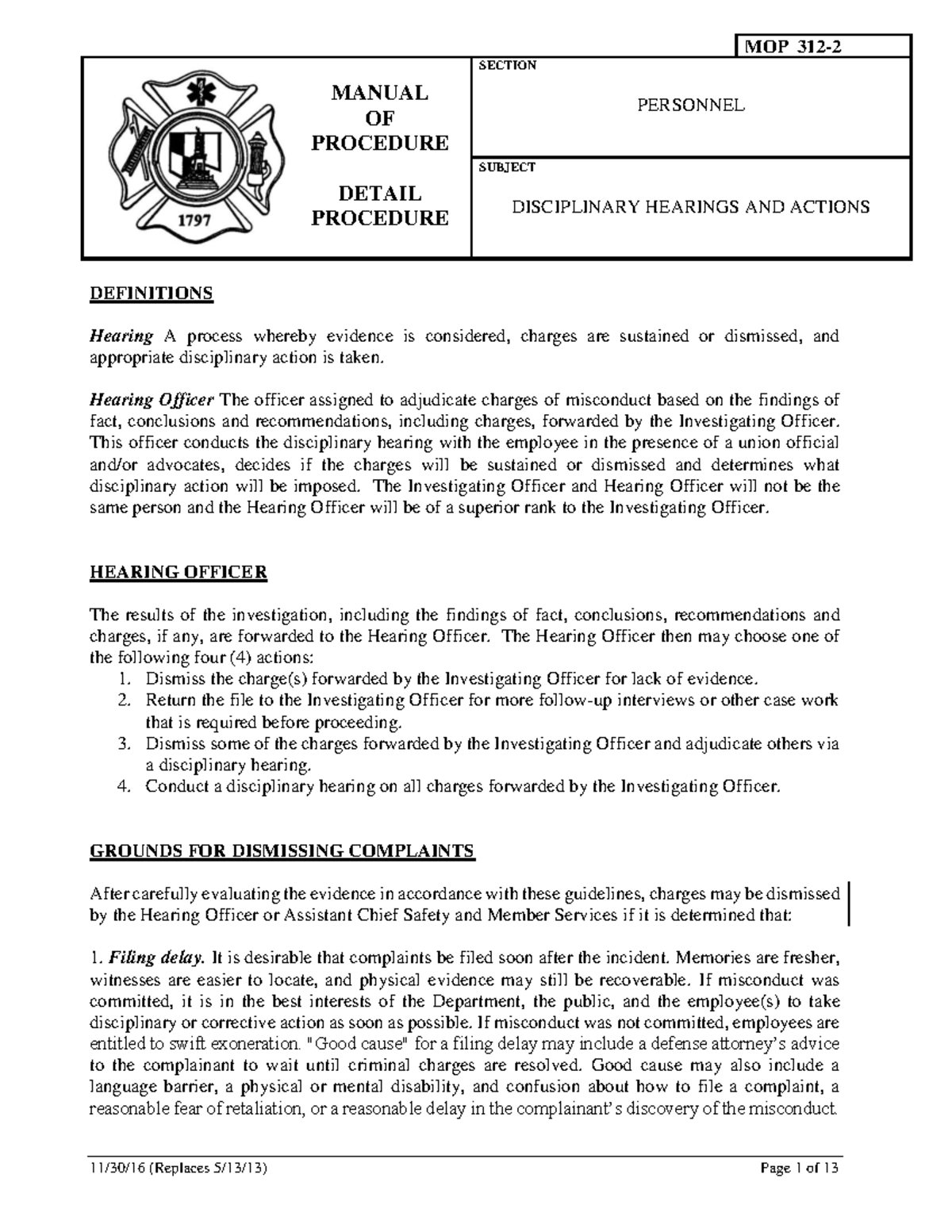 Baltimore City Fire Dept MOP 312-2: Disciplinary Hearings Guide - Studocu