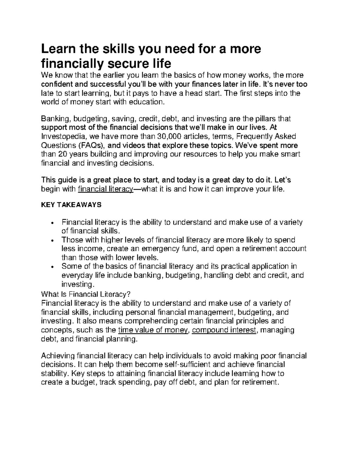 Financial Literacy Essentials: Skills for a Secure Future - Studocu