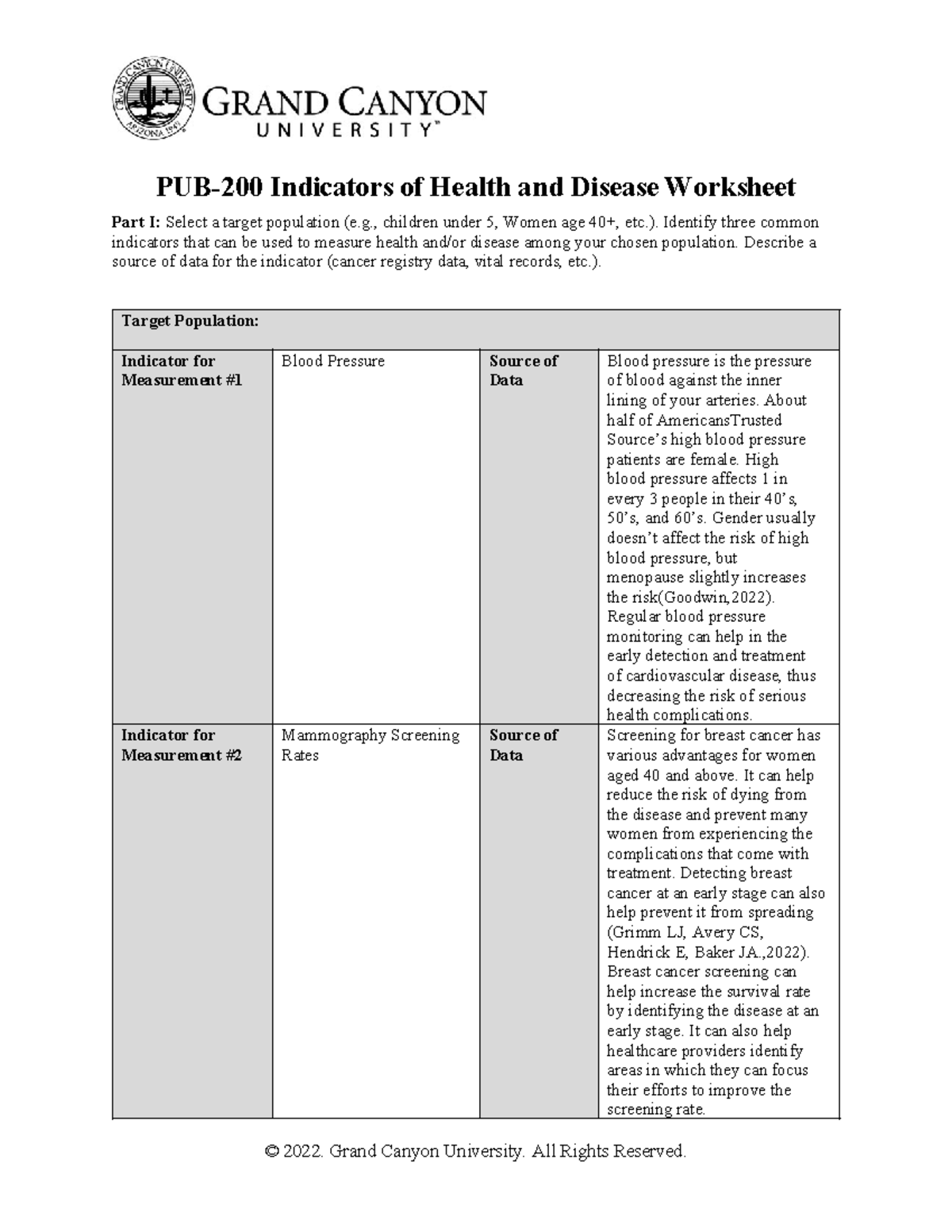 PUB 200 RS Indicators of Health & Disease: Target Population Analysis ...