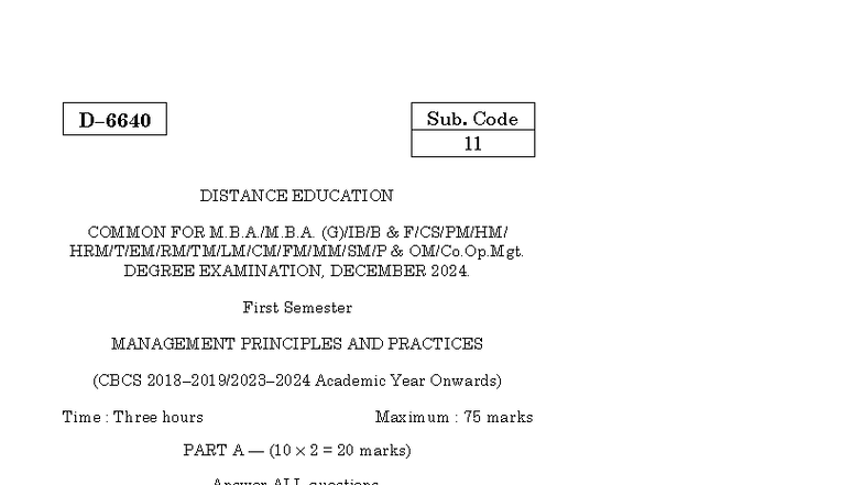 Sub. Code 11 & 12 DISTANCE EDUCATION EXAMINATION: MANAGEMENT & ORG ...