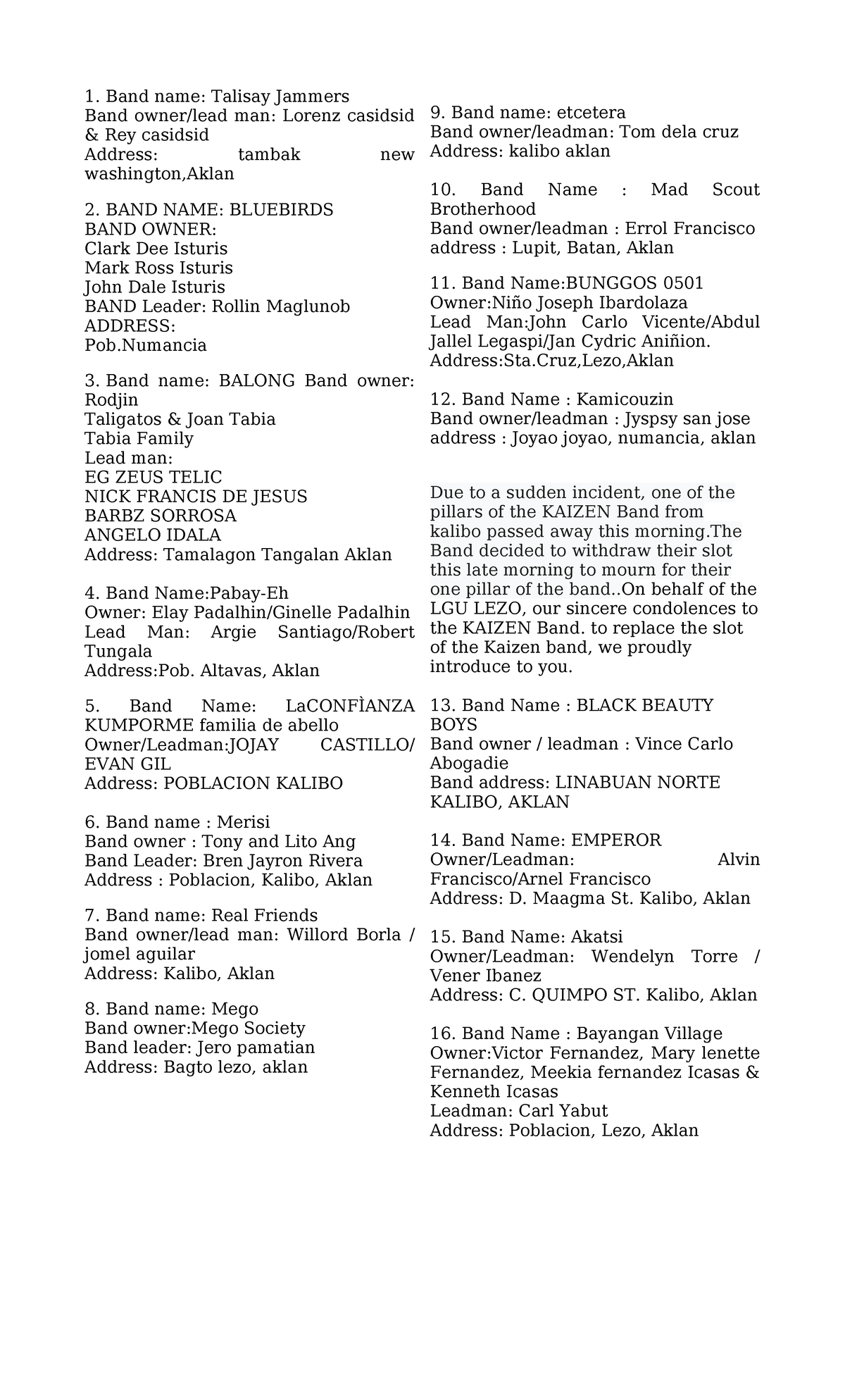 Band Names and Details: A Comprehensive List of Aklan Bands - Studocu