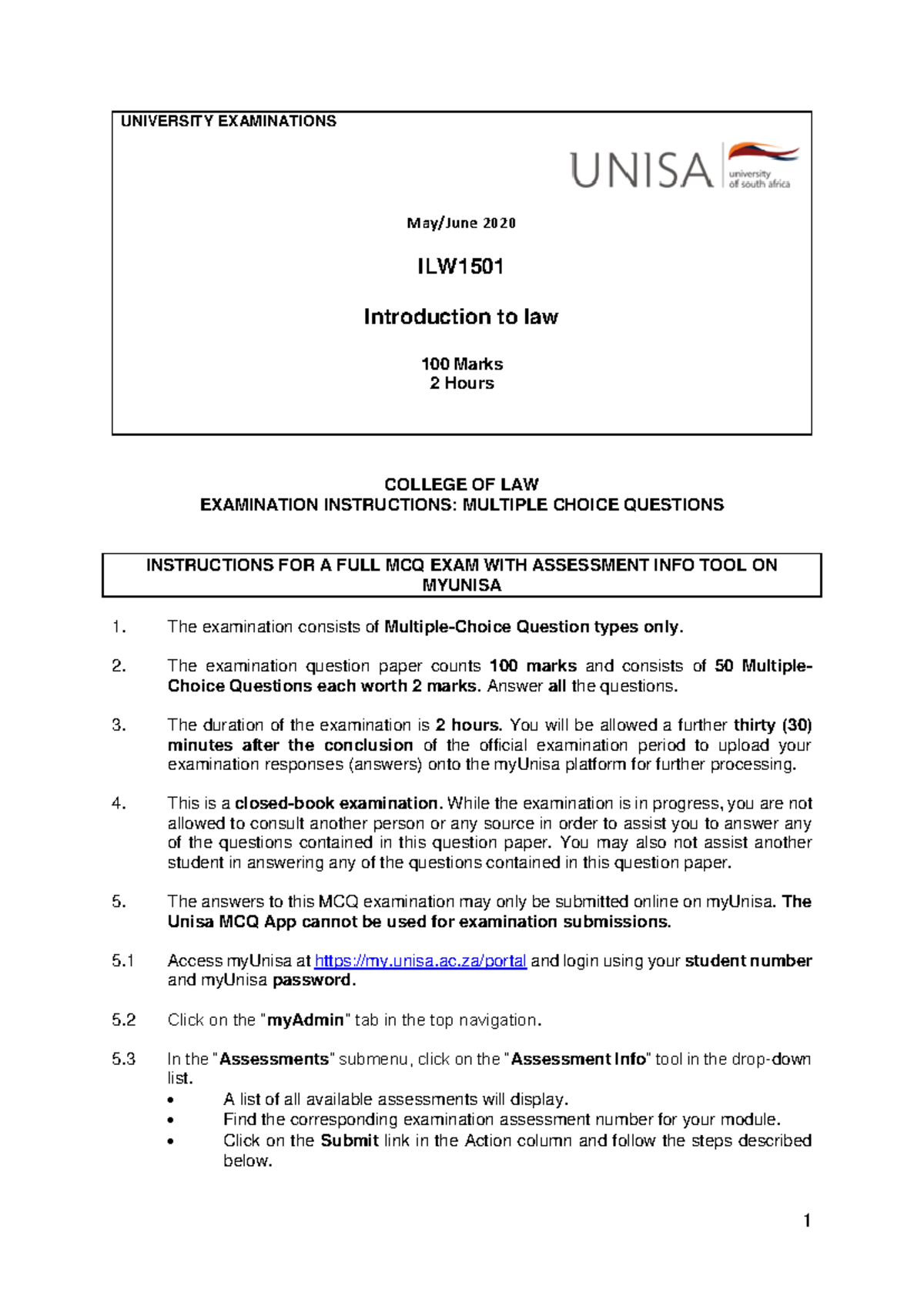 ILW1501 2020 Final Exam MCQ Instructions and Assessment Guide - Studocu