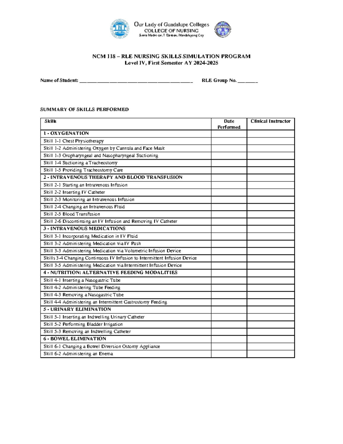 2024 Simulation Procedure Checklists - COLLEGE OF NURSING Sierra Madre ...