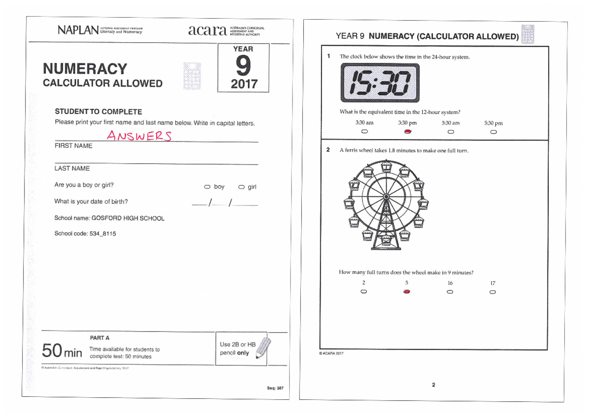 NAPLAN 2017 YEAR 9 NUMERACY (CALCULATOR ALLOWED) ANSWERS - Studocu