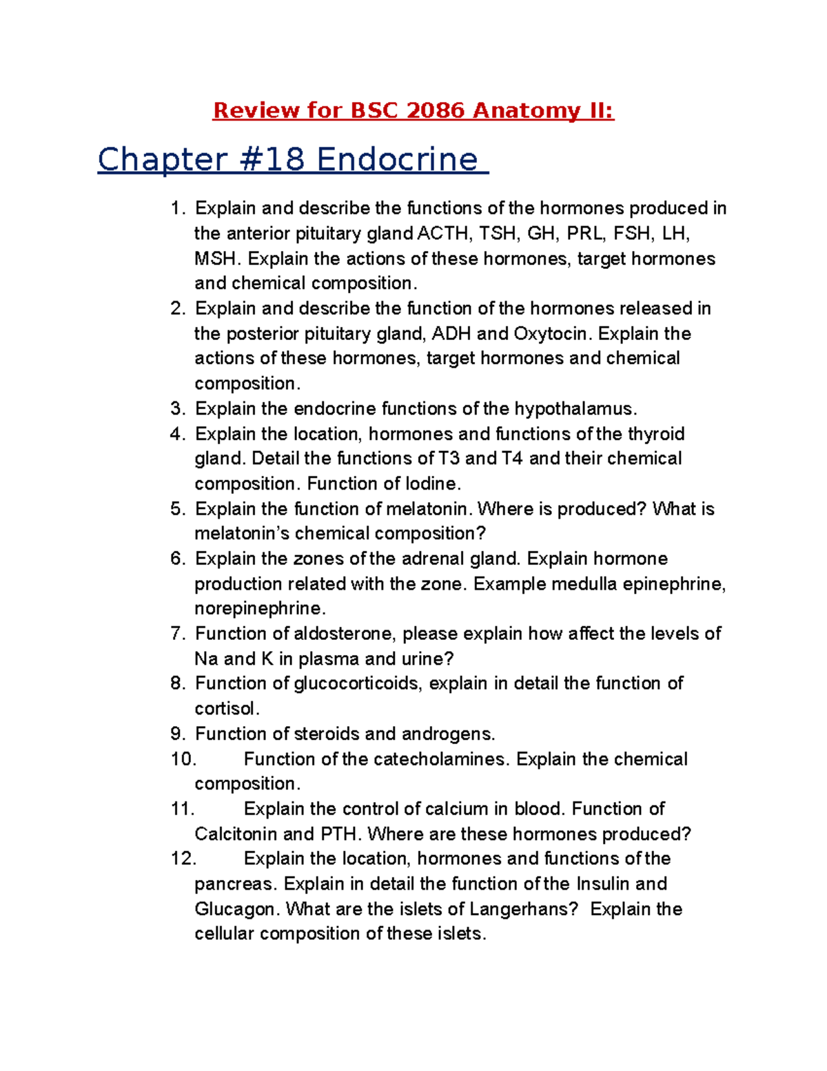 Review for BSC 2086 test 1 - Review for BSC 2086 Anatomy II: Chapter ...