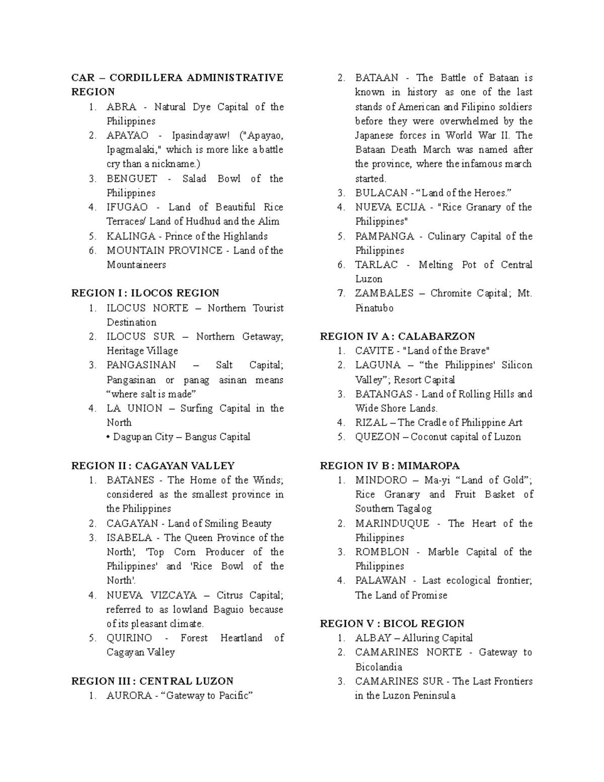 Provinces of the Philippines: Regional Highlights and Nicknames - Studocu
