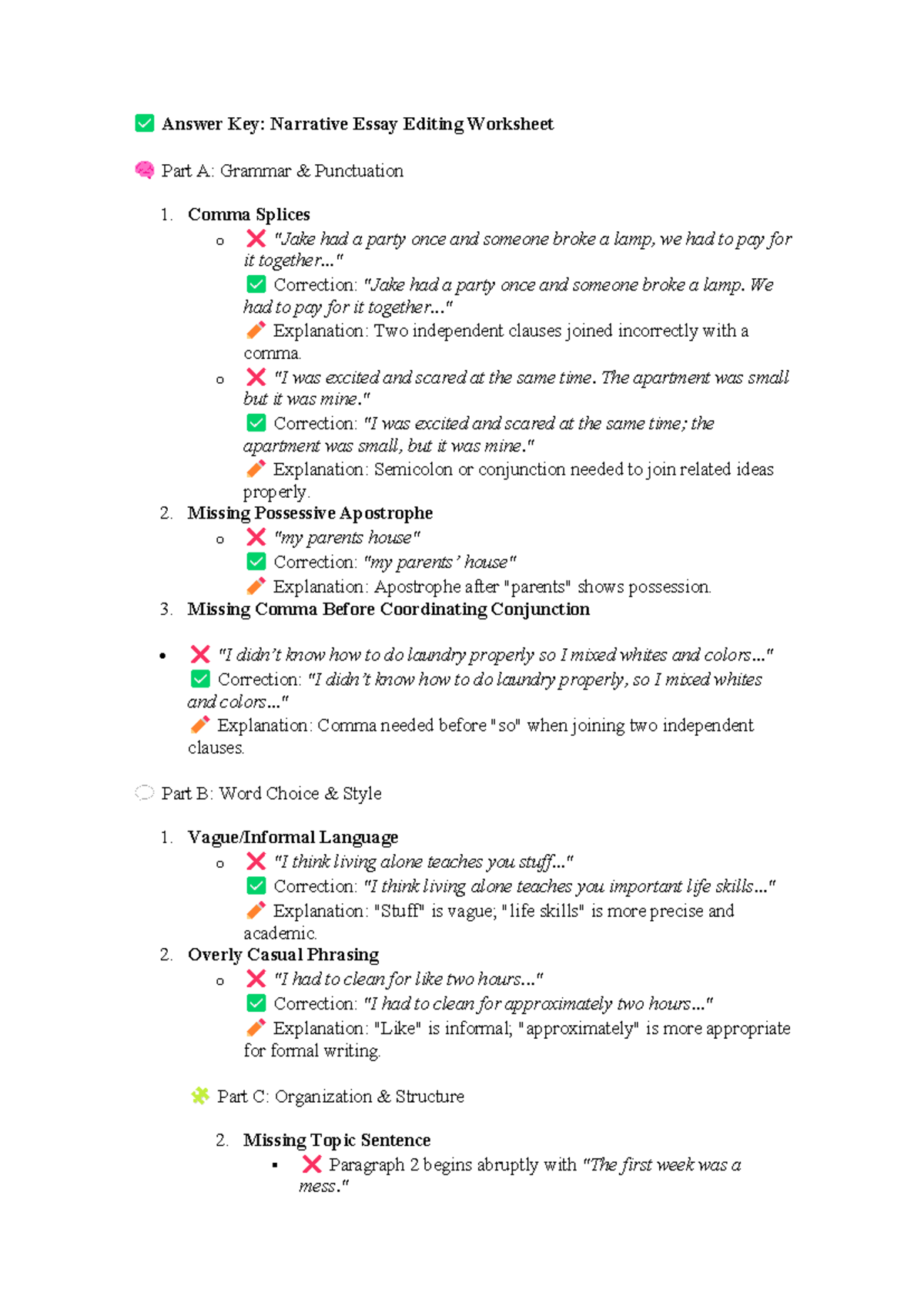 Answer Key: Narrative Essay Editing Worksheet (Grammar & Style) - Studocu