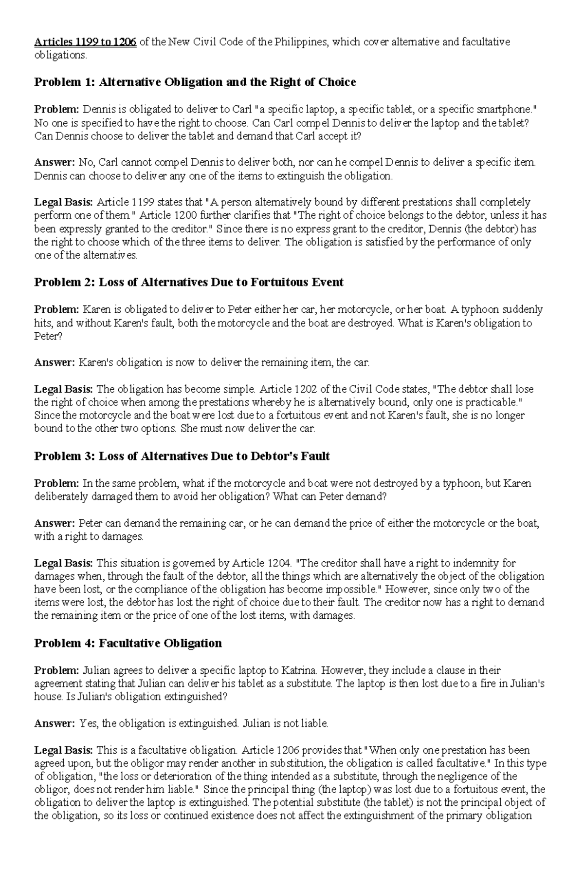 Alternative and Facultative Obligations: Articles 1199-1206 of the NCCP ...