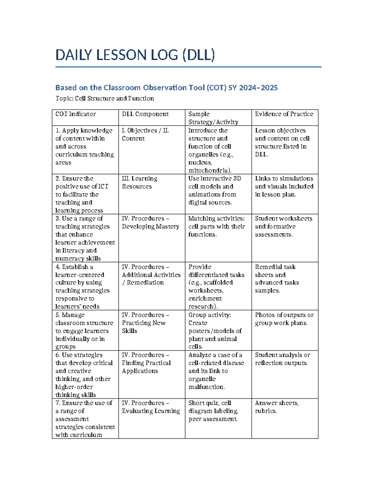 DLL: Cell Structure and Function Lesson Plan Based on COT - Studocu