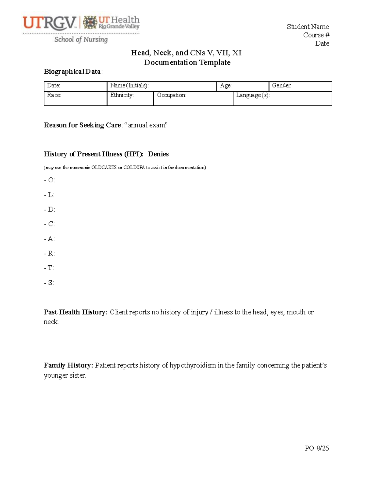 Documentation Template for Head, Neck, and CNs V, VII, XI - Studocu