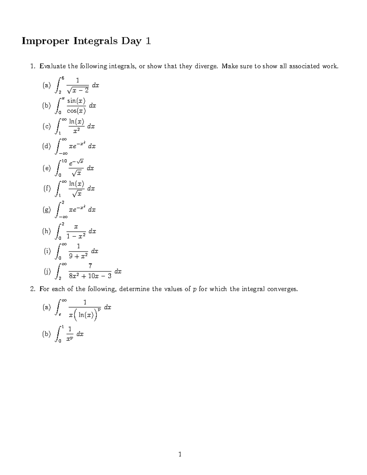 Improper Integrals Practice Problems - Calculus IV - Studocu