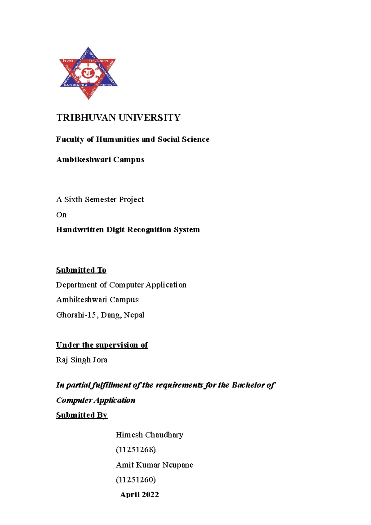 Handwritten Digit Recognition System - TRIBHUVAN UNIVERSITY Faculty of ...