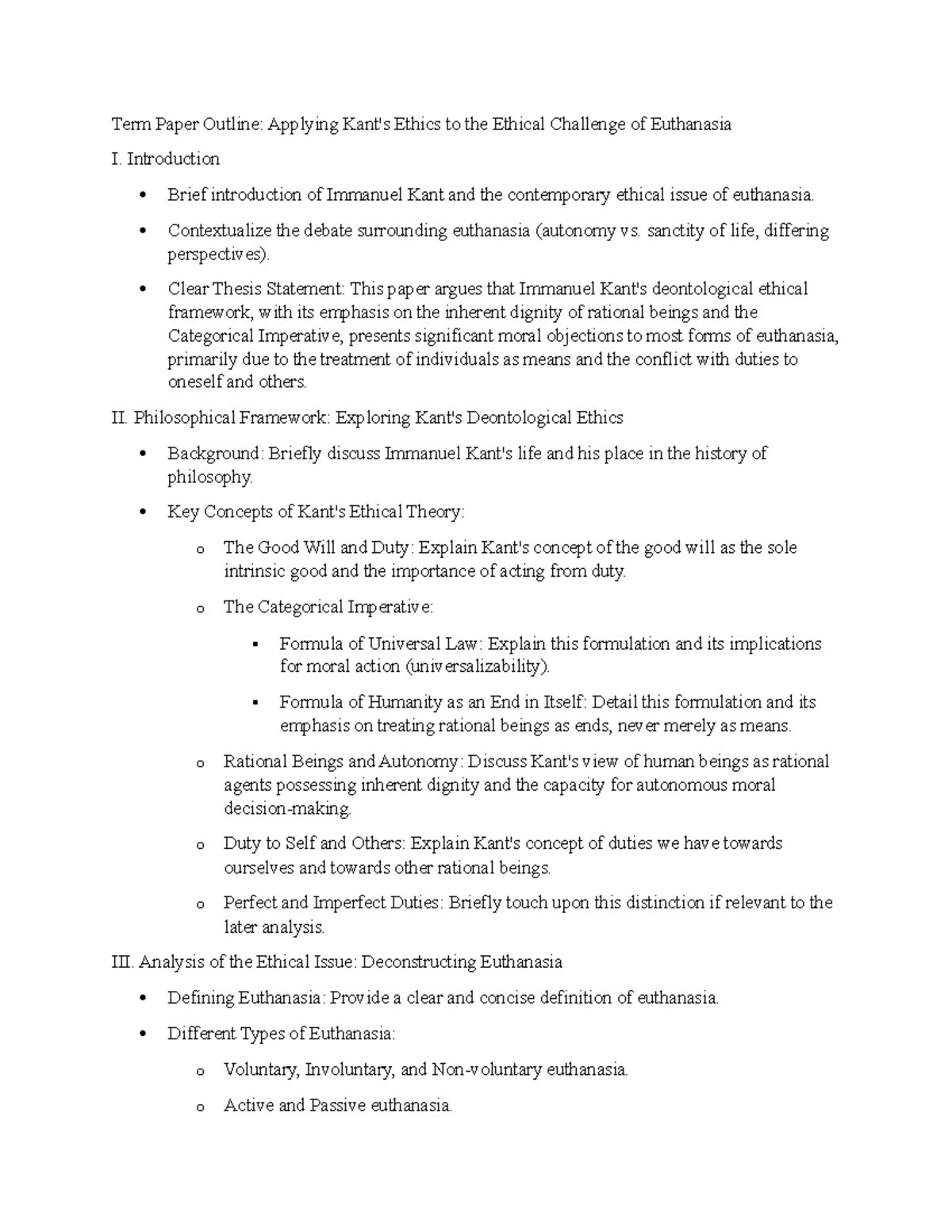 TERM Paper Outline: Kantian Ethics and the Euthanasia Debate - Studocu