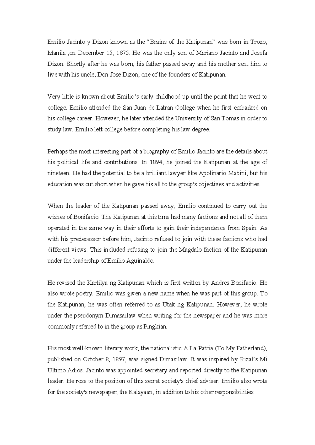 Emilio Jacinto: Life and Contributions to the Katipunan's Cause - Studocu