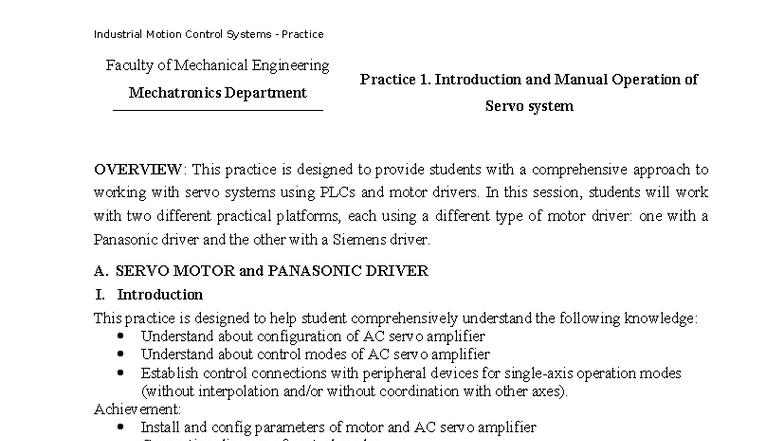 Industrial Motion Control Systems Practice 1: Servo System Manual Operation - Studocu