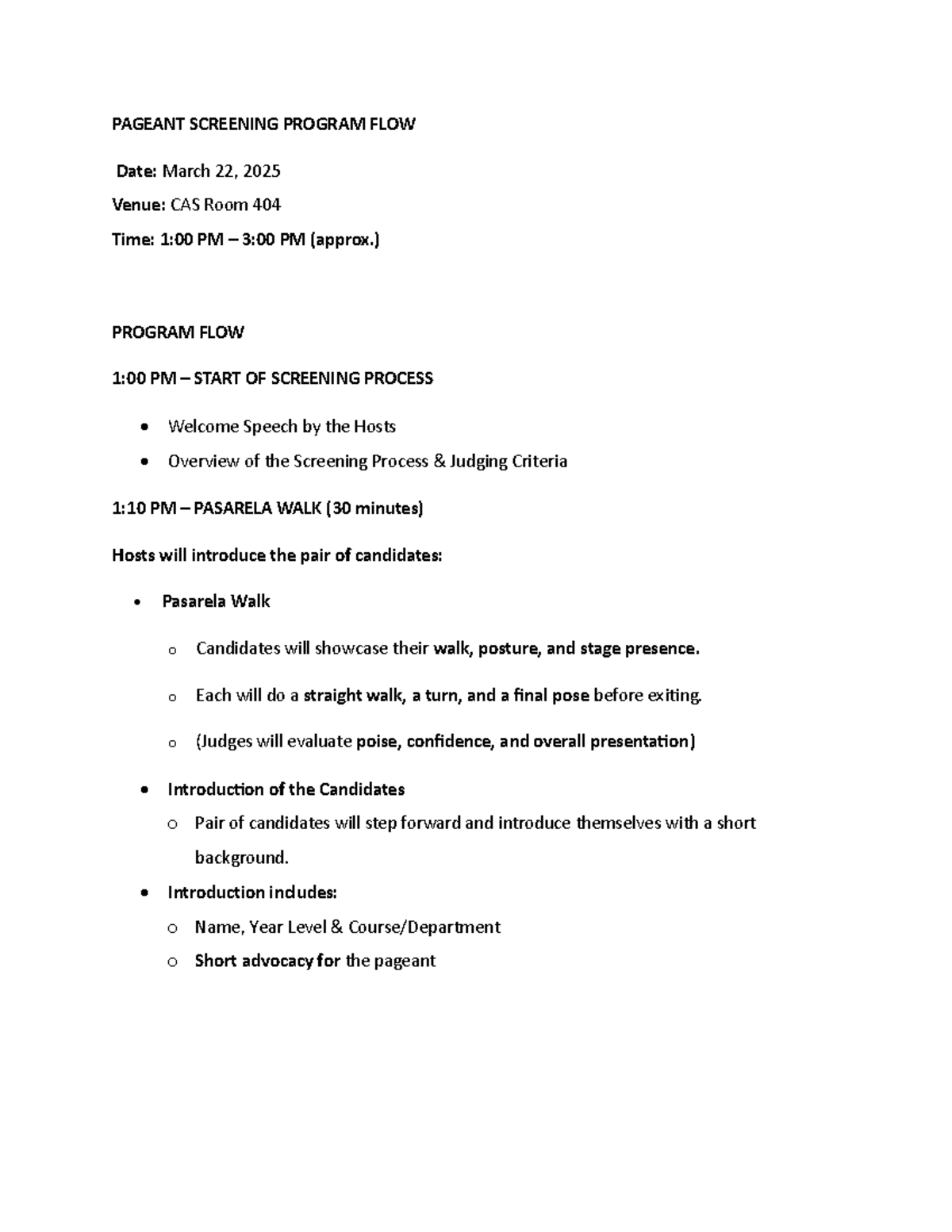 Pageant Screening Program Flow - March 22, 2025 - Studocu