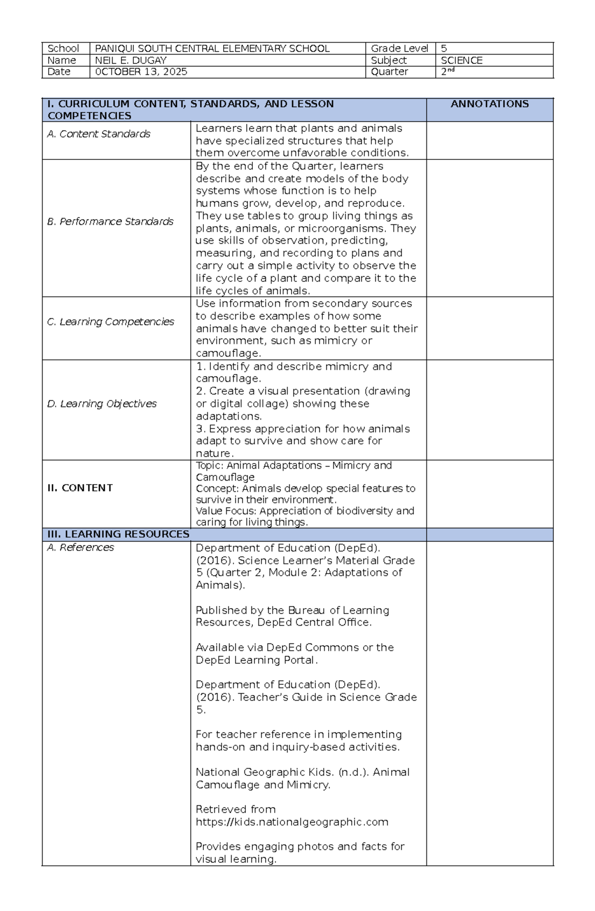 DLP Template: Animal Adaptations - Mimicry & Camouflage (Grade 5) - Studocu