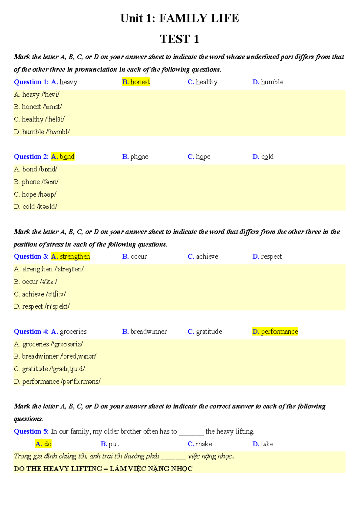 Unit 1: FAMILY LIFE - Midterm Test 1 Answers for English 10 - Studocu