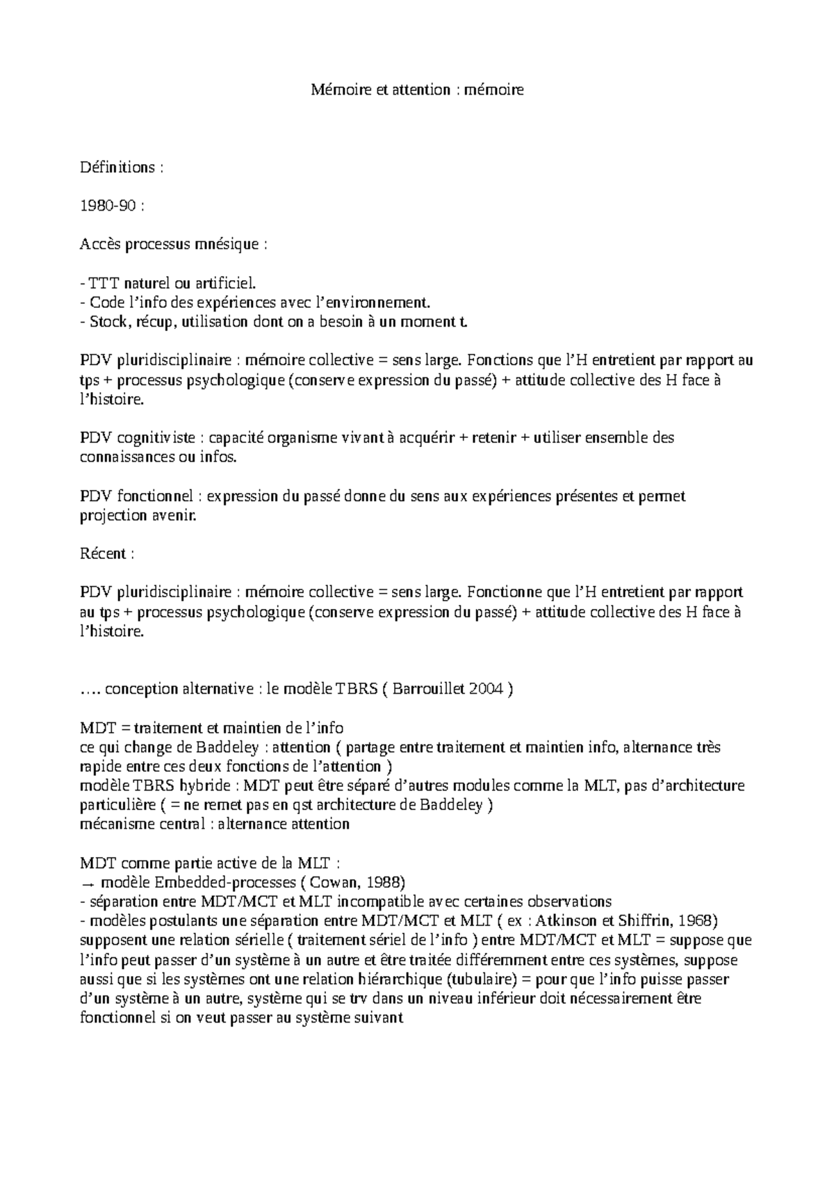 Mémoire et Attention : Concepts et Modèles (COW 101) - Studocu