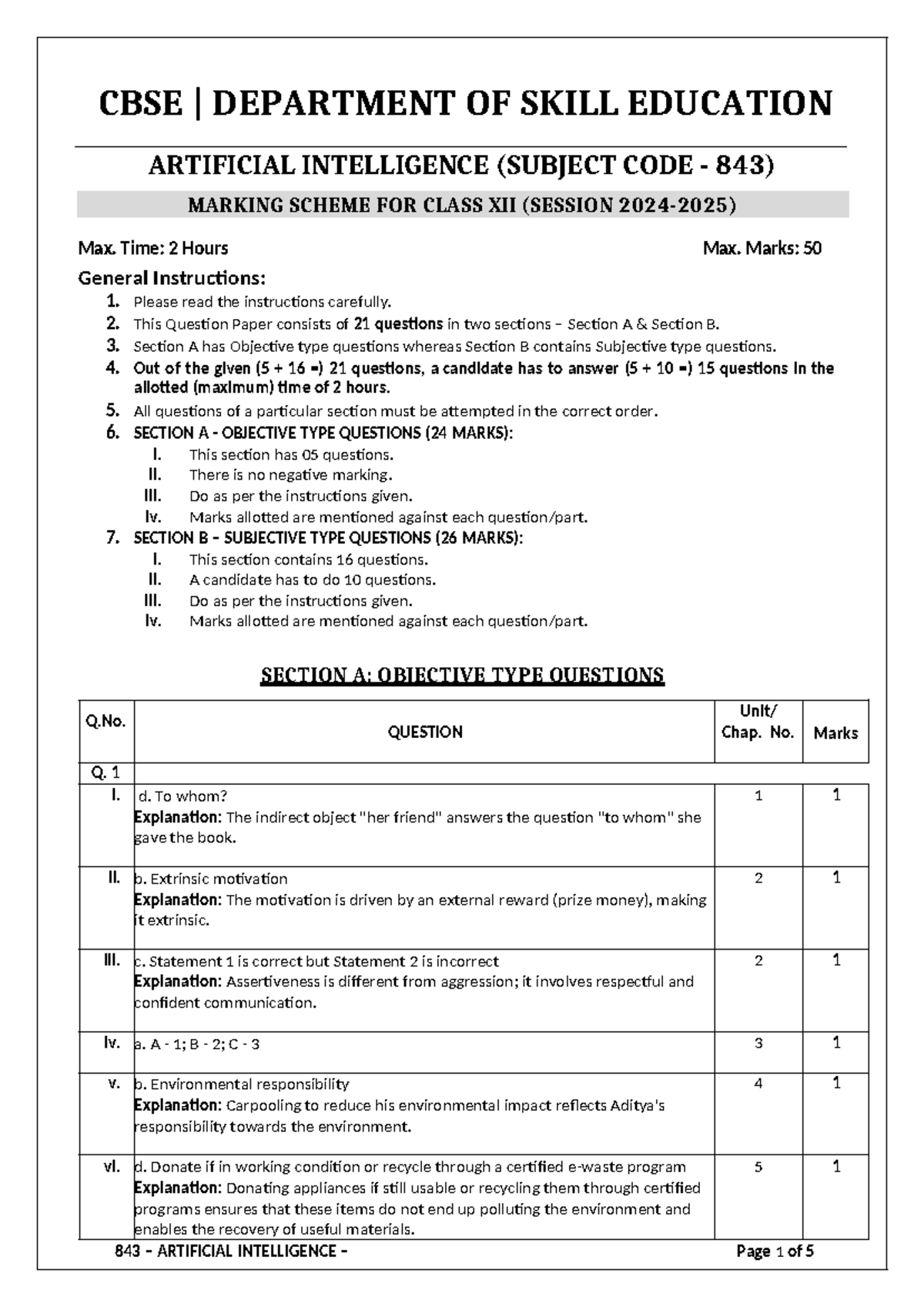 CBSE AI (843) Class XII Marking Scheme - 2023 Exam - Studocu
