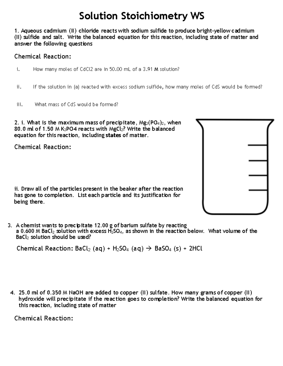 Solution Stoichiometry WS: Reactions & Precipitation Calculations - Studocu