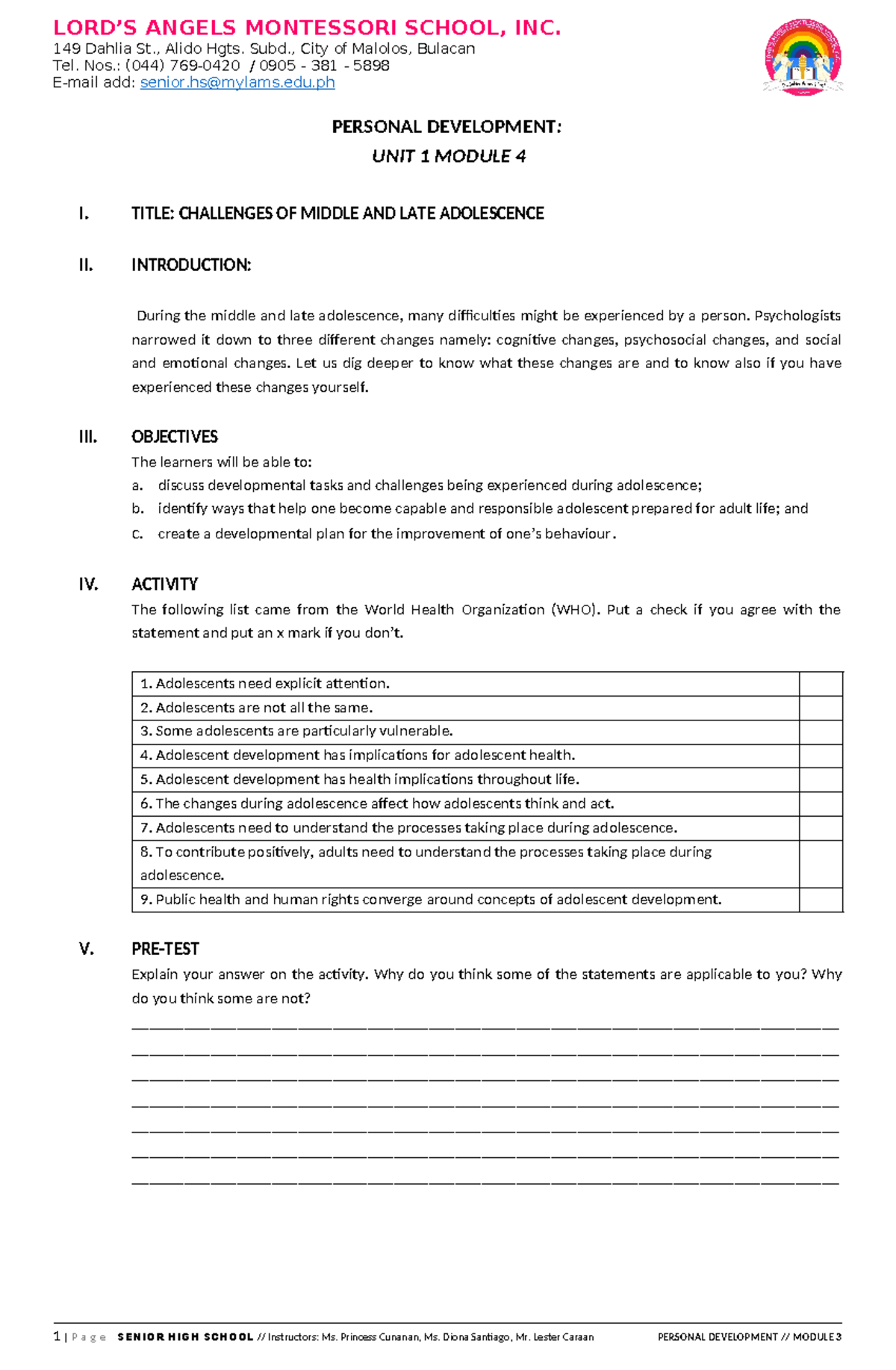 Personal Development Module 4: Challenges in Middle & Late Adolescence ...