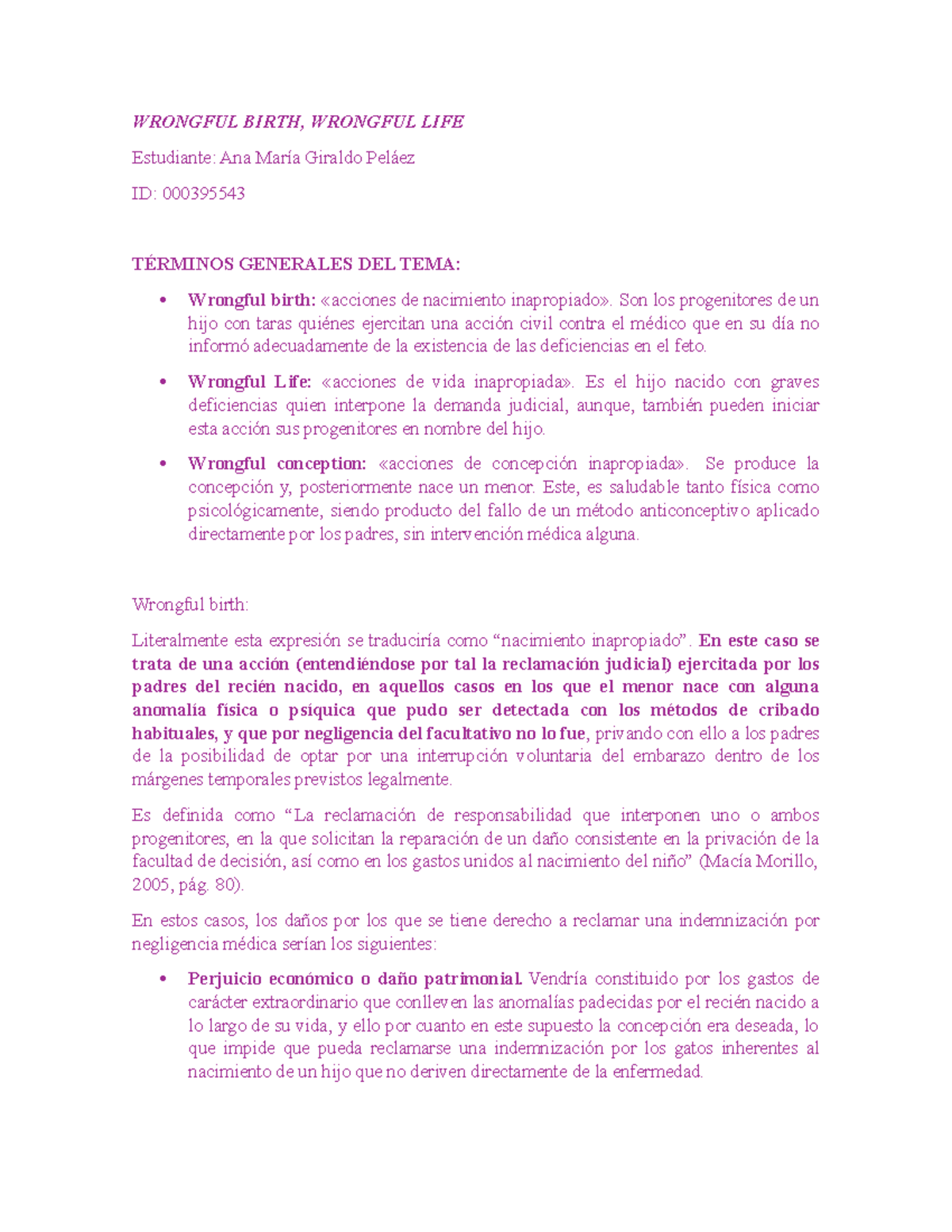 Wrongful Birth & Wrongful Life: Análisis Legal y Consecuencias - Studocu