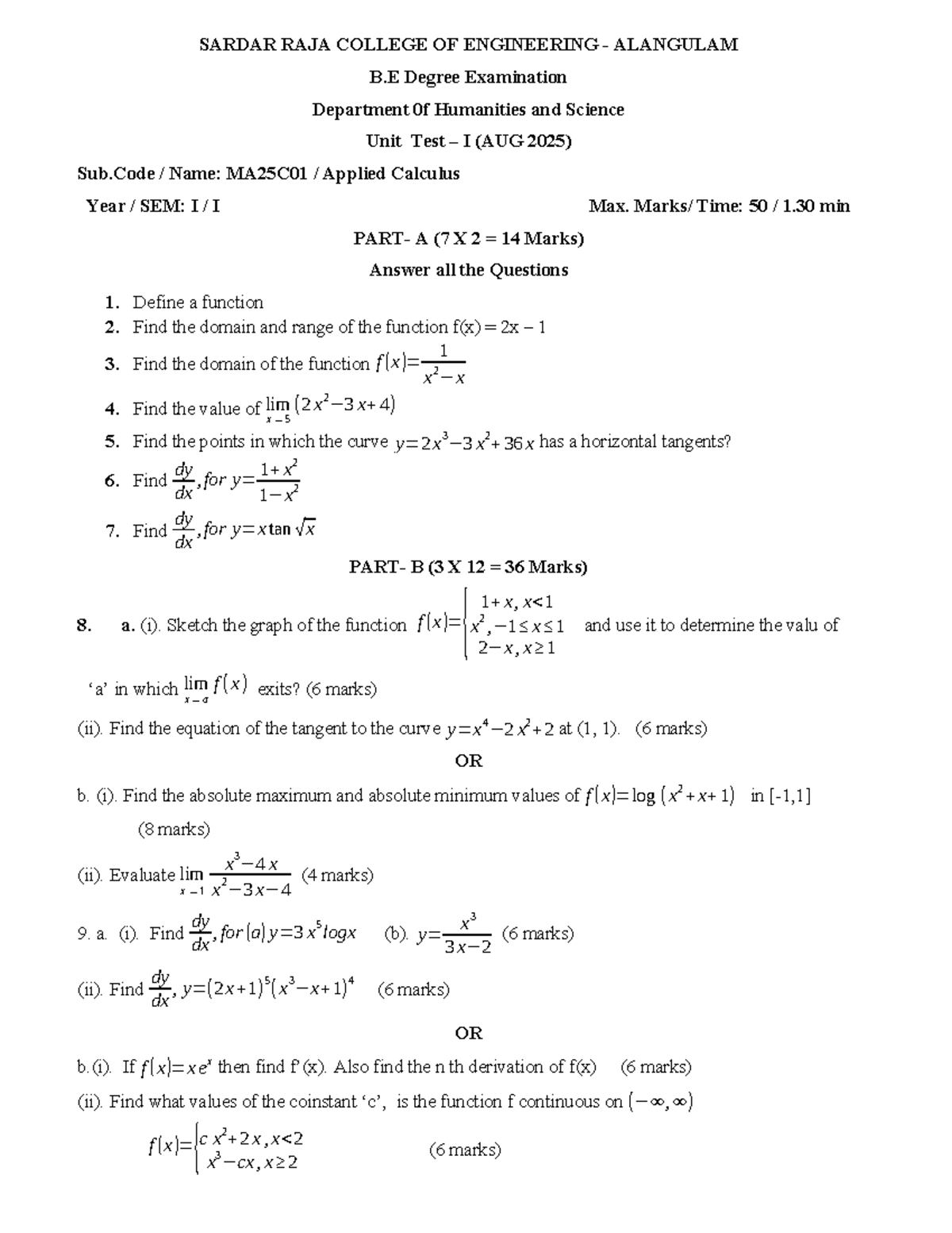 Unit Test I (MA25C01) - Key Questions for Applied Calculus - Studocu