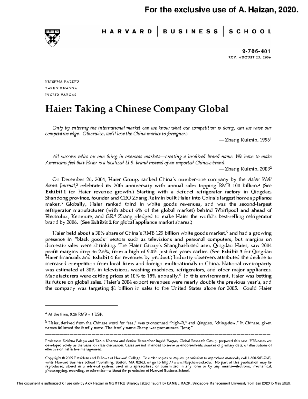 Haier Case Study: Exploring Global Expansion Strategies (706-401) - Studocu
