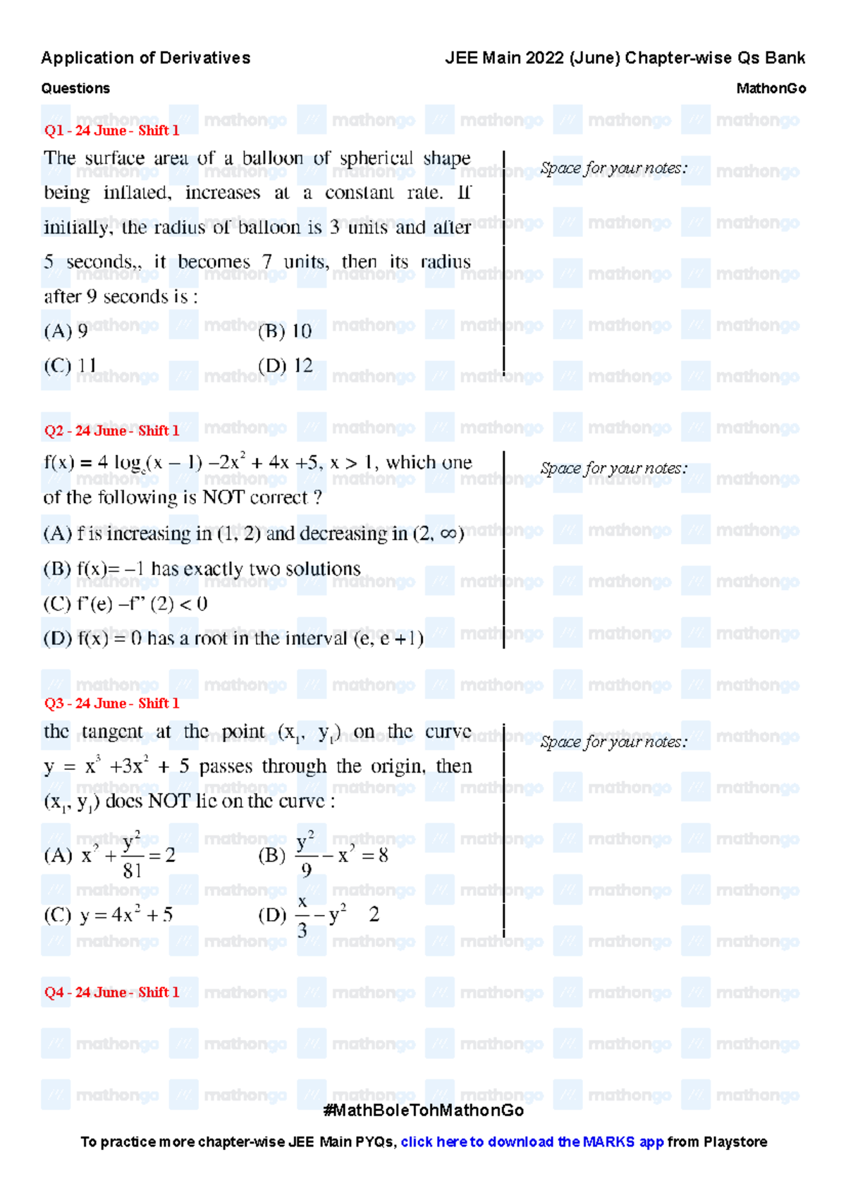 Application of Derivatives - JEE Main 2022 Chapter wise Questions by ...
