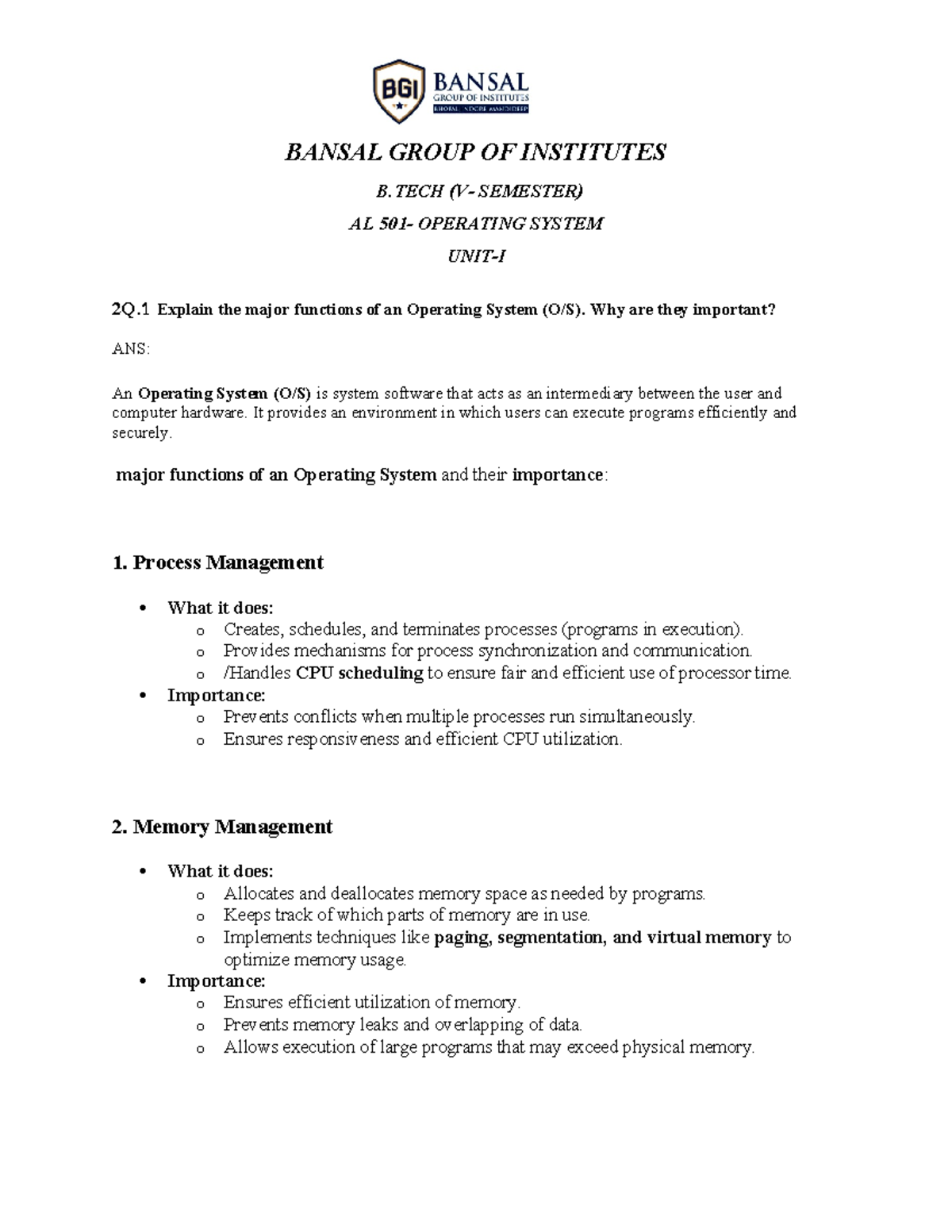 AL-501 (OS) Important Questions & Answers - Unit I - Studocu