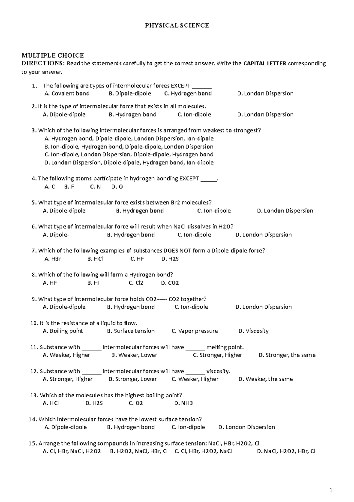 Physical Science Longtest - PHYSICAL SCIENCE MULTIPLE CHOICE DIRECTIONS ...