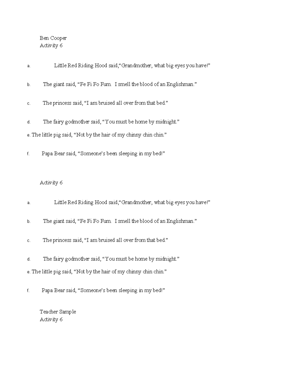 Document - Asdfasdf - Ben Cooper Activity 6 a. Little Red Riding Hood ...