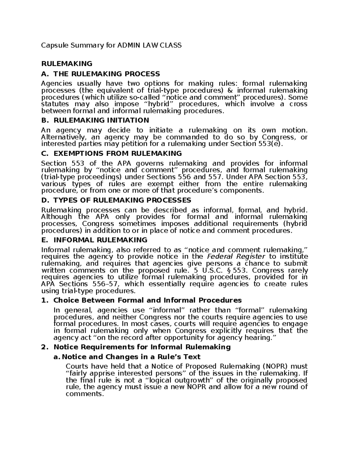 ADMIN LAW CLASS: Capsule Summary of Rulemaking Procedures - Studocu