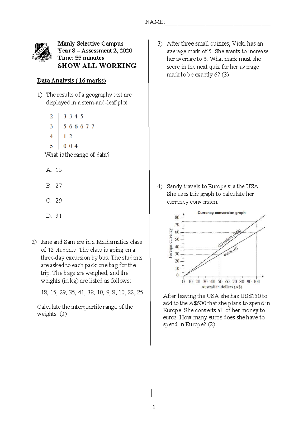 2020 Year 8 Assessment 2 - Algebra & Data Solutions - Studocu