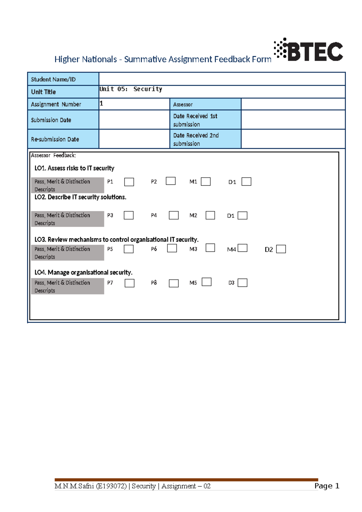 Security Assignment Unit 05 2024 Update - Higher Nationals - Summative Assignment Feedback Form ...
