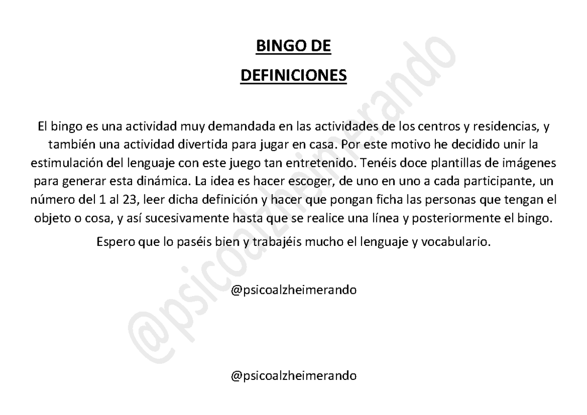 Bingo de Imágenes Reales y Definiciones para el Lenguaje - Studocu