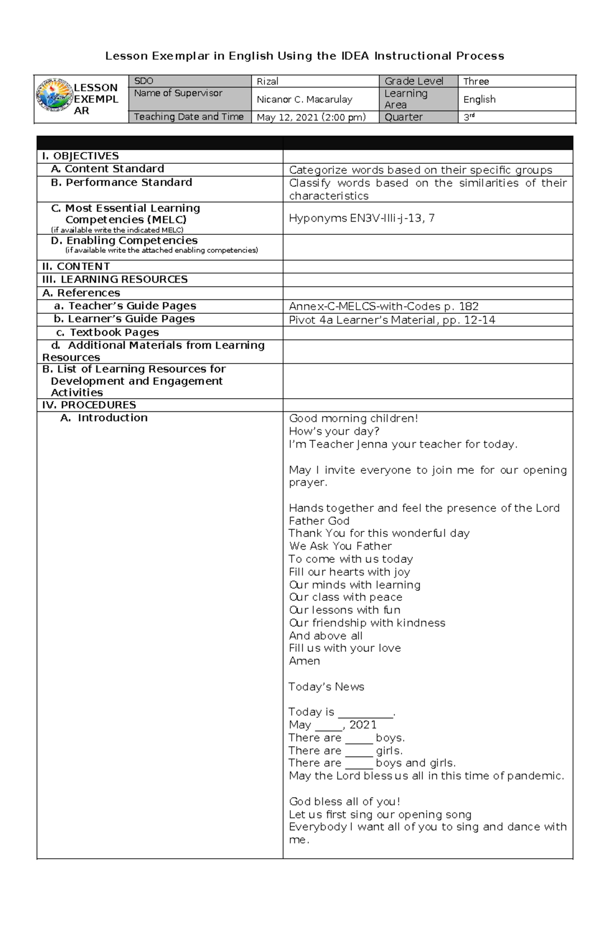 Lesson Exemplar in English III (COT-2): Using the IDEA Process - Studocu