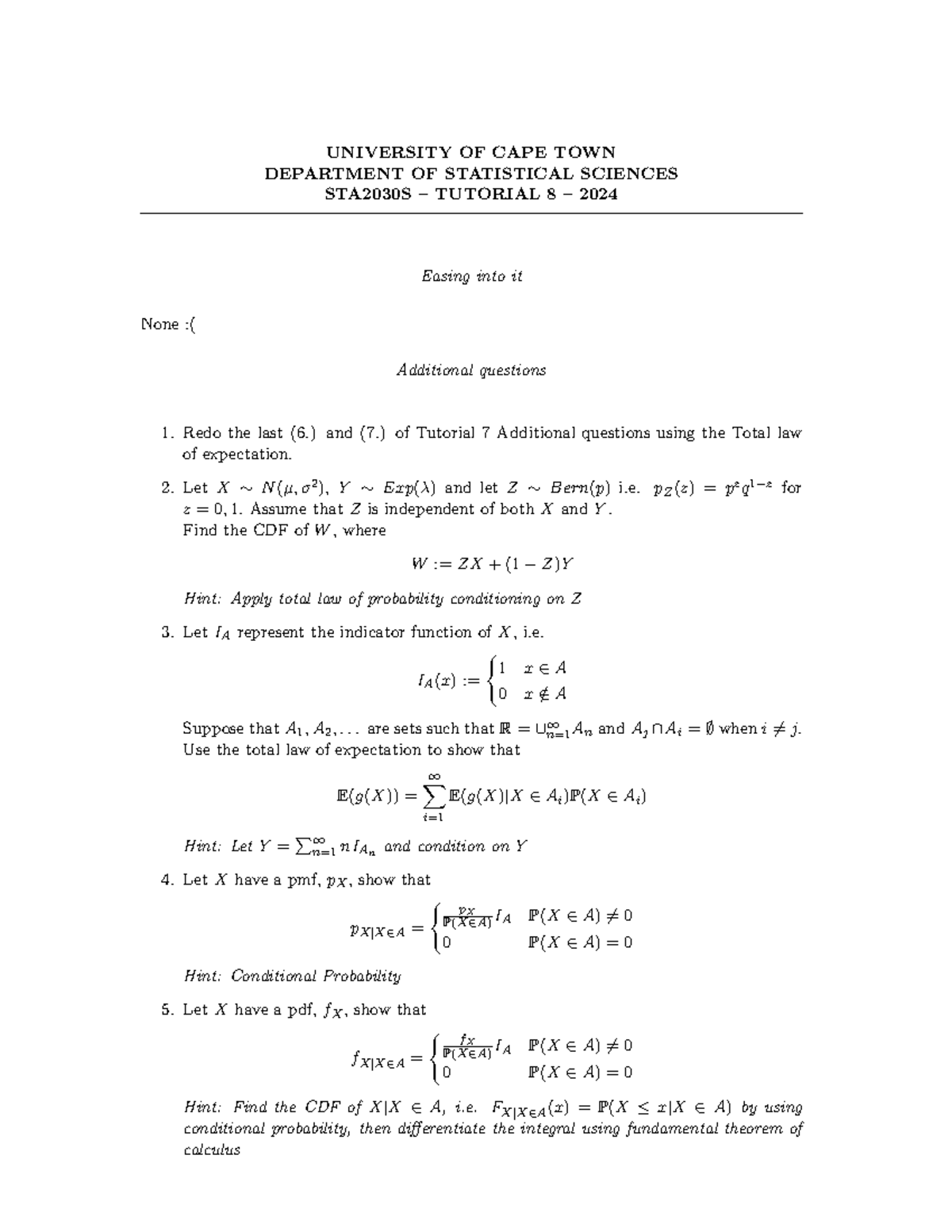 STA2030S Tutorial 8: Total Law of Expectation Exercises 2024 - Studocu