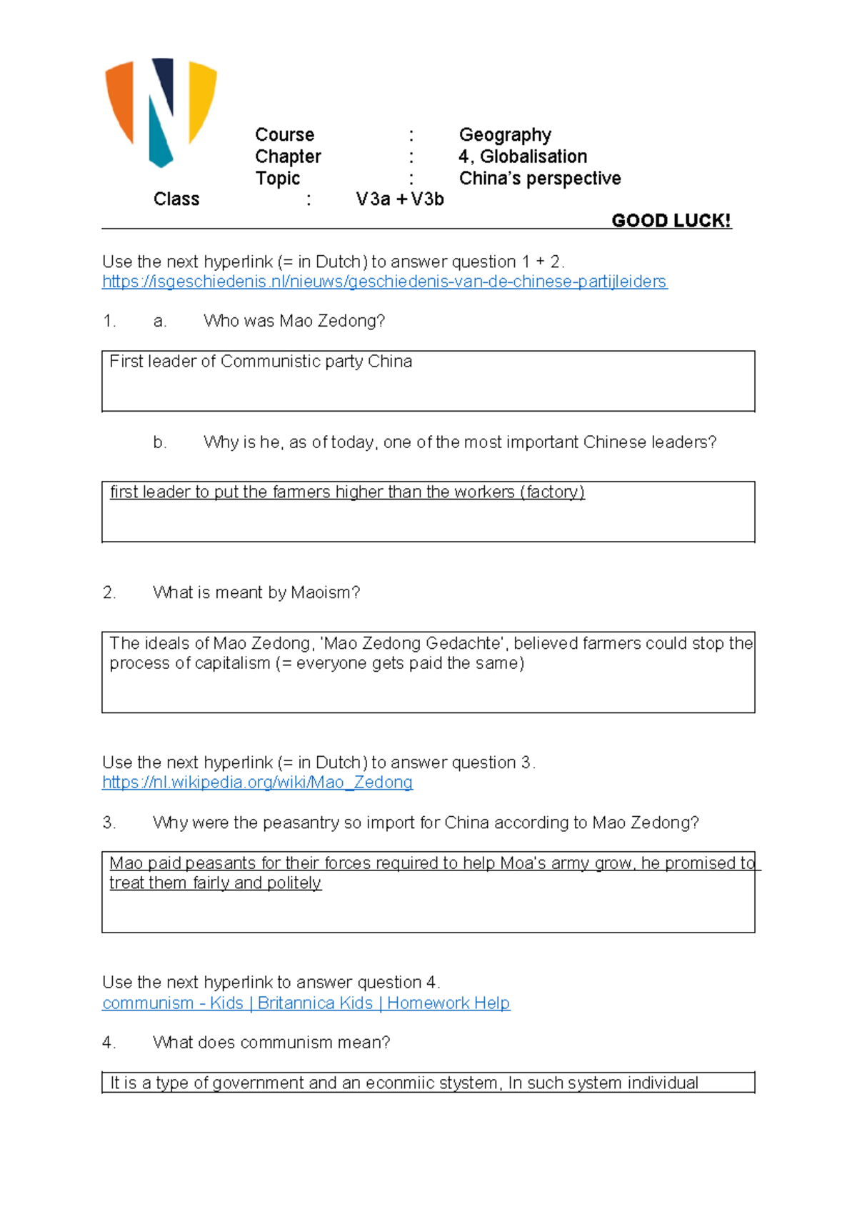 TTO3 Ch. 4 Globalisation Watchquestions China School TV - Course ...