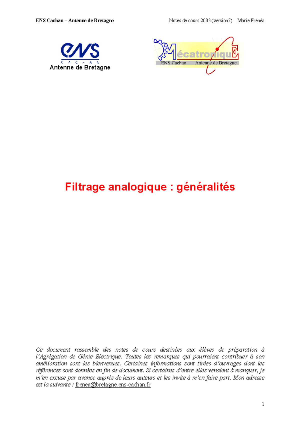 Généralités sur le Filtrage Analogique en Génie Électrique - Studocu