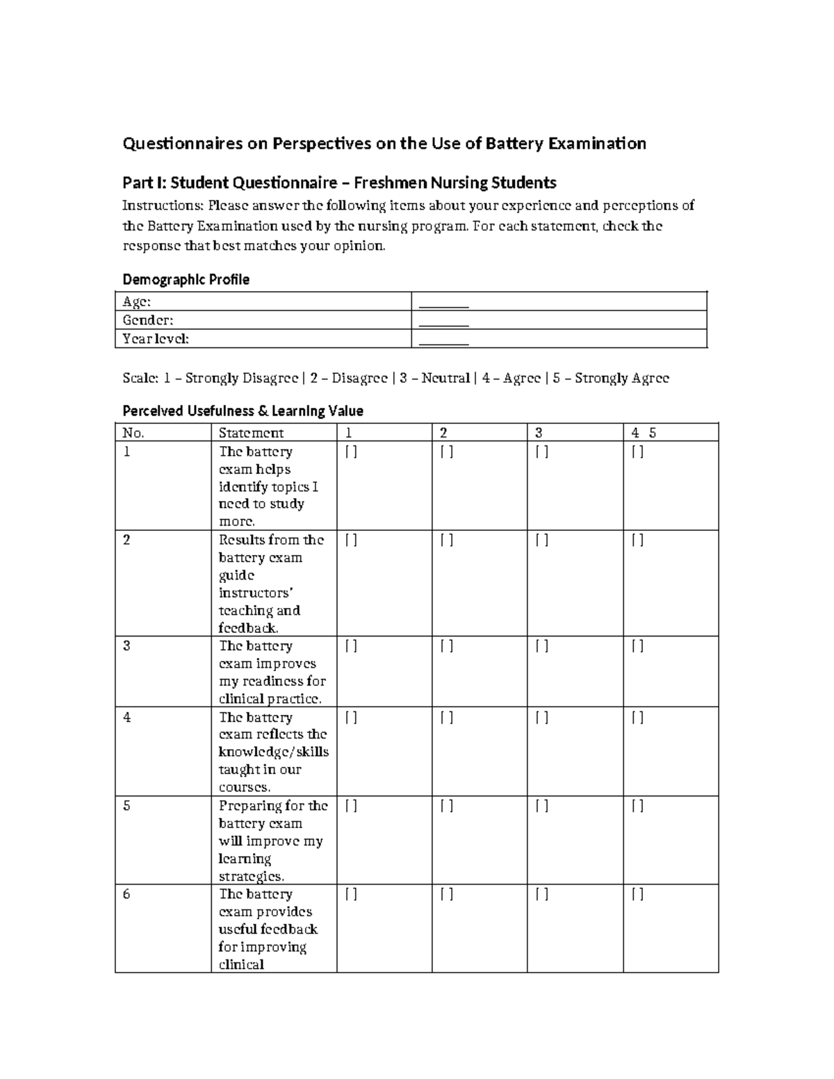 Validated Battery Exam Questionnaires for Nursing Students (Part I & II ...