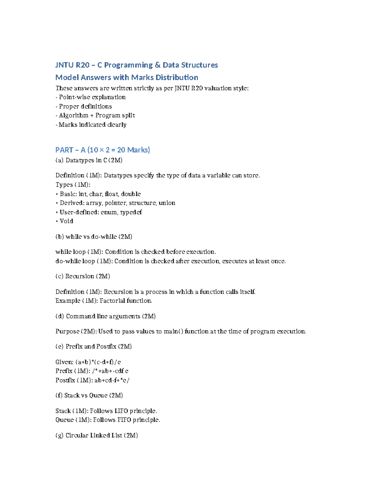 JNTU R20 C Programming Data Structures Model Answers & Marks ...