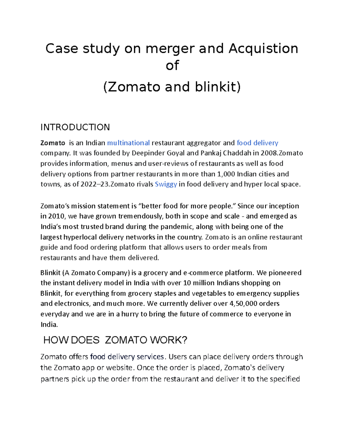 Case Study: Merger & Acquisition of Zomato & Blinkit - Studocu