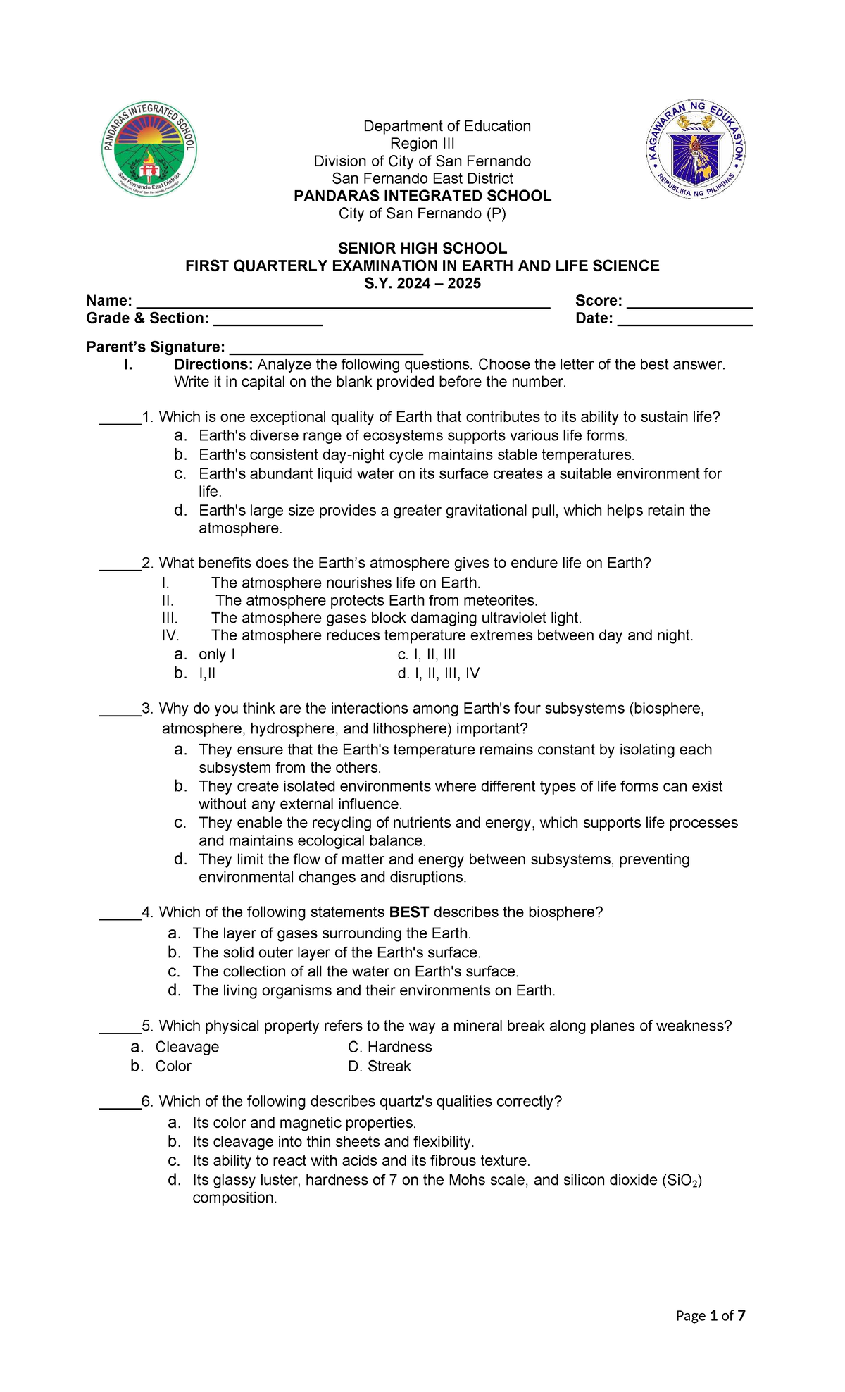 EALS 1ST Quarter Exam Review: Earth and Life Science S.Y. 2024-2025 ...