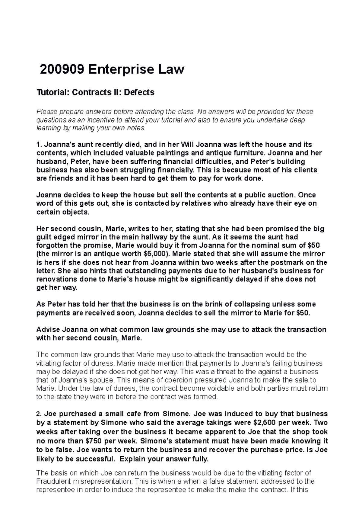 Contract II - Practice questions - 200909 Enterprise Law Tutorial ...