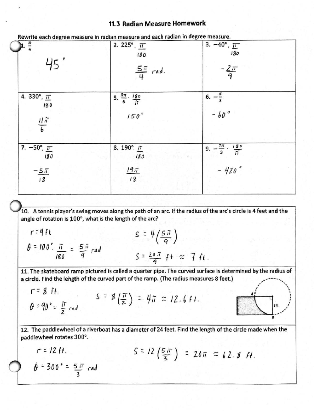 11.3 Radian Measure Homework Solutions and Answers - Studocu